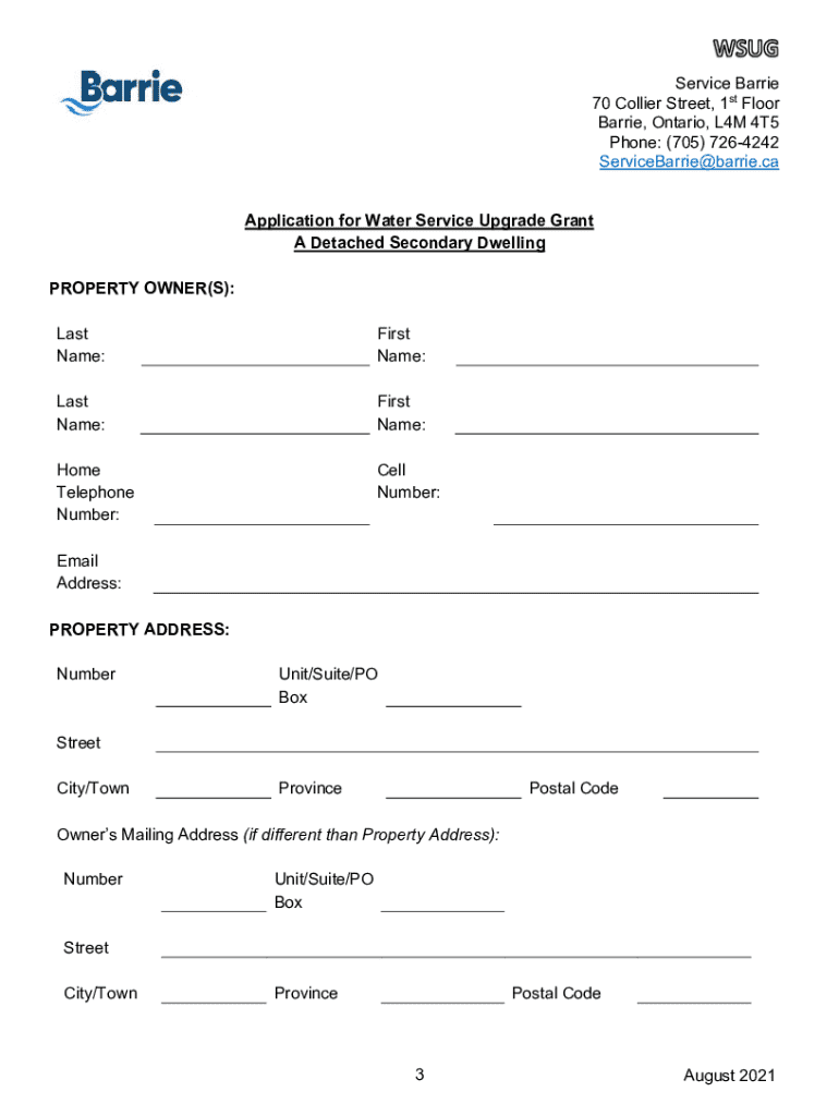 Fillable Online Affordable Housing Water Service Upgrade Grant for Detached Secondary Dwelling ...