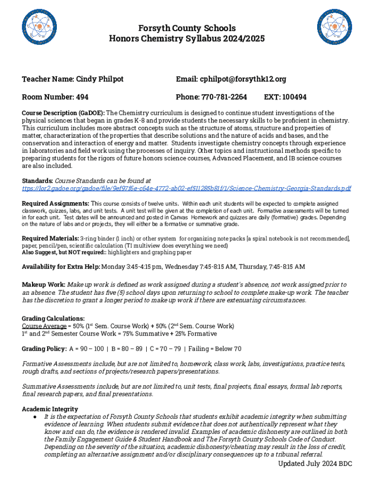 Fillable Online Honors Chemistry Syllabus Fax Email Print - pdfFiller