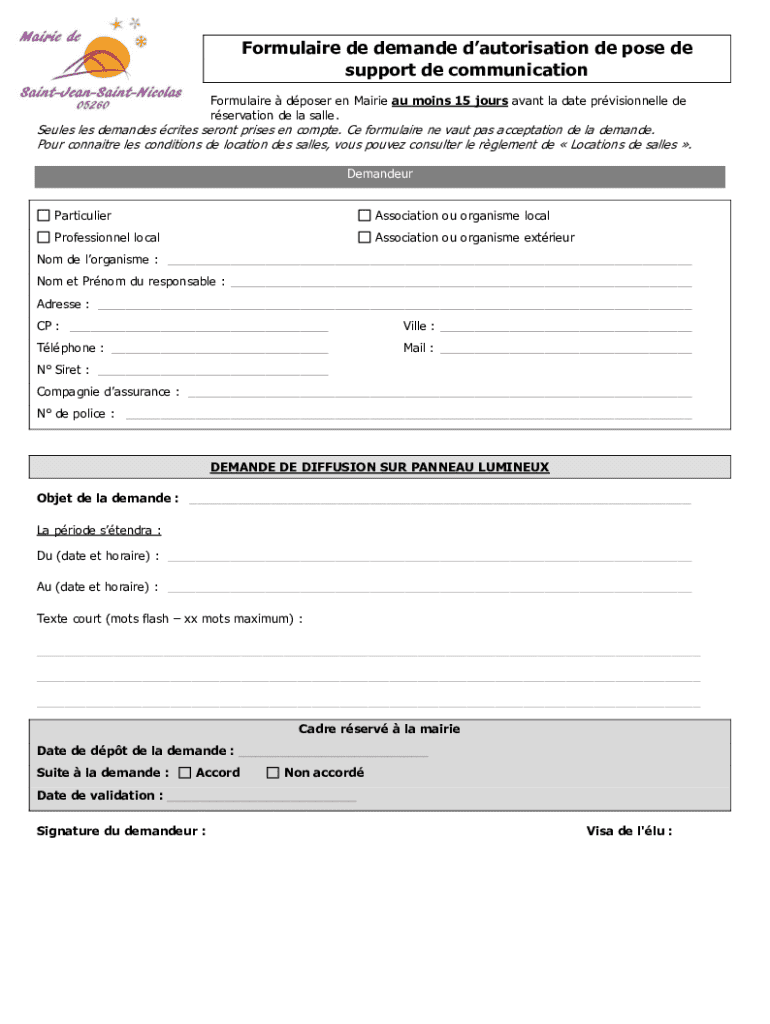 Remplissable en ligne Formulaire de demande d\'autorisation de pose de support de ... Fax Email ...