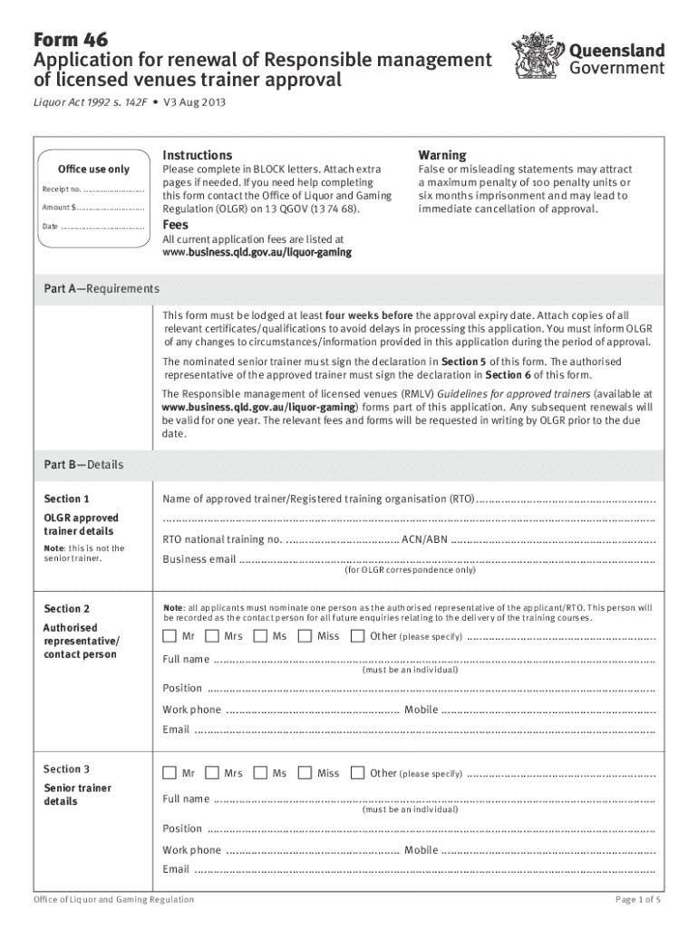 Fillable Online Application for Renewal of Responsible Management of Licensed Venues Trainer ...