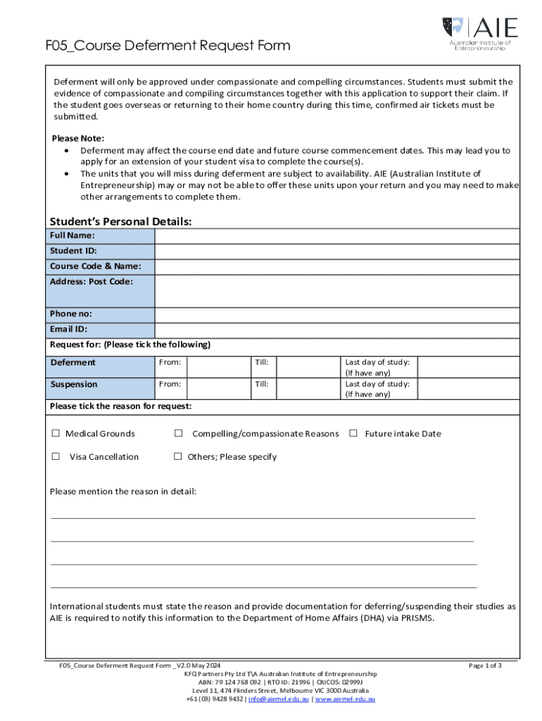 Fillable Online Course Deferment Request Fax Email Print - pdfFiller