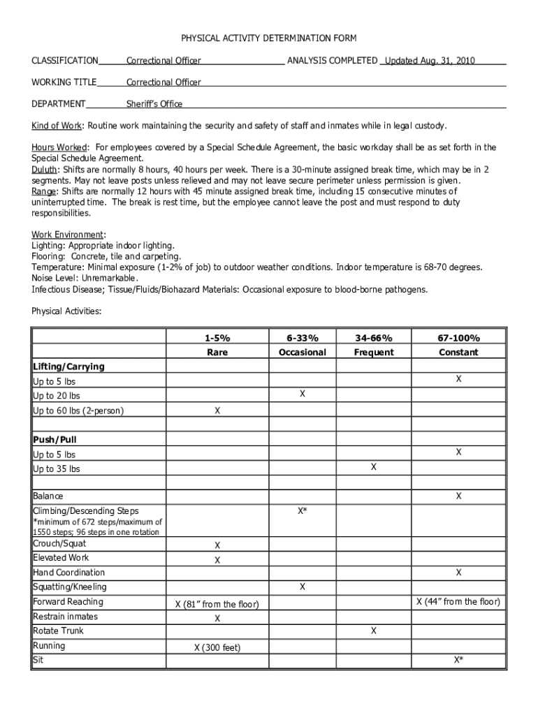 Fillable Online PHYSICAL ACTIVITY DETERMINATION FORM CLASSIFICATION ... Fax Email Print - pdfFiller
