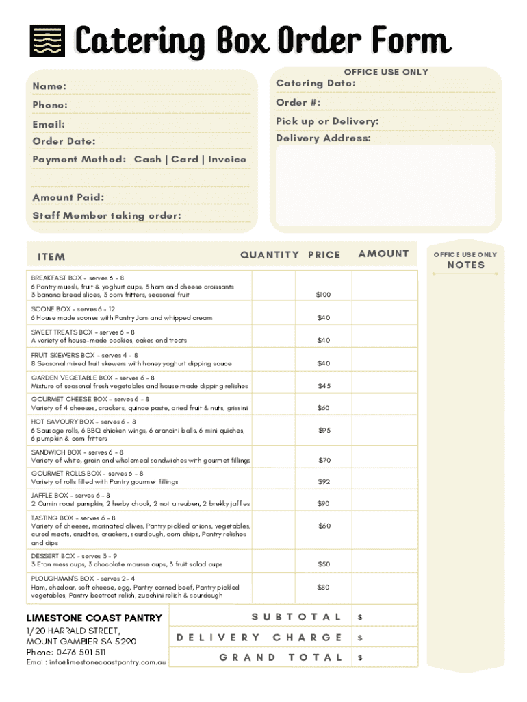 Fillable Online Restaurant Catering Order Form Template Fax Email Print - pdfFiller