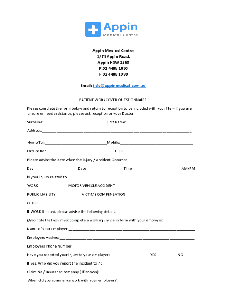 Fillable Online Patient Workcover Questionnaire at Appin Medical Centre ...