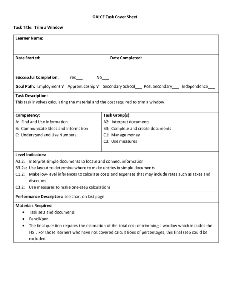 Fillable Online OALCF Task Cover Sheet Task Title: Trim a Window Learner Name Fax Email Print ...