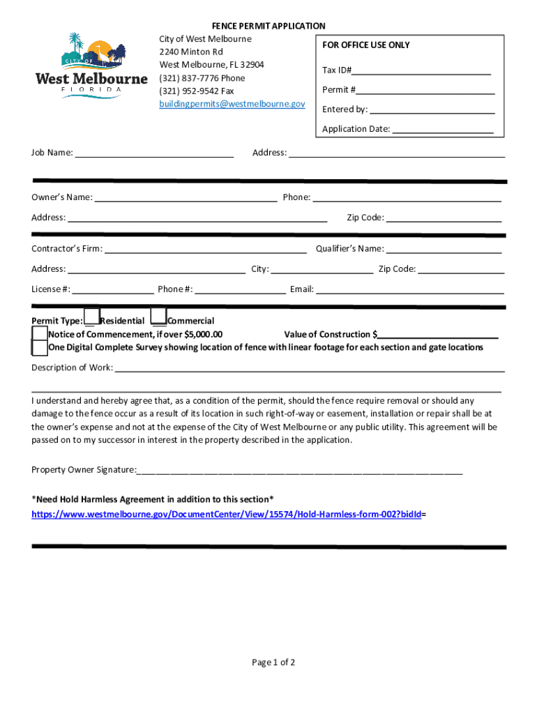 Fillable Online Page 1 of 2 FENCE PERMIT APPLICATION City of ... Fax ...