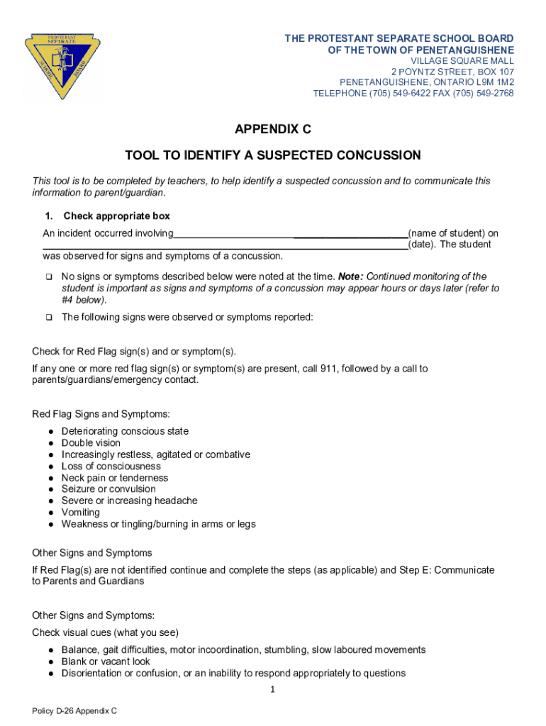 Fillable Online APPENDIX C TOOL TO IDENTIFY A SUSPECTED CONCUSSION Fax ...
