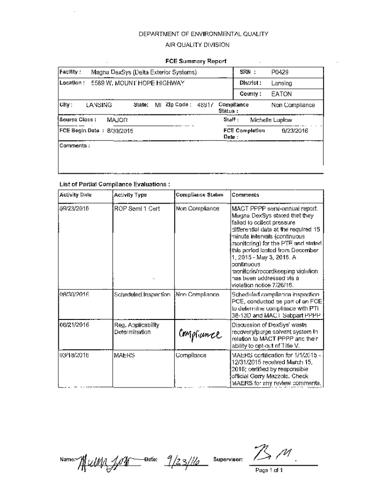 Fillable Online FCE Summary Report Facility : Magna DexSys (Delta ...