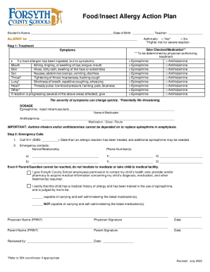 Fillable Online Food/insect Allergy Action Plan Fax Email Print - pdfFiller