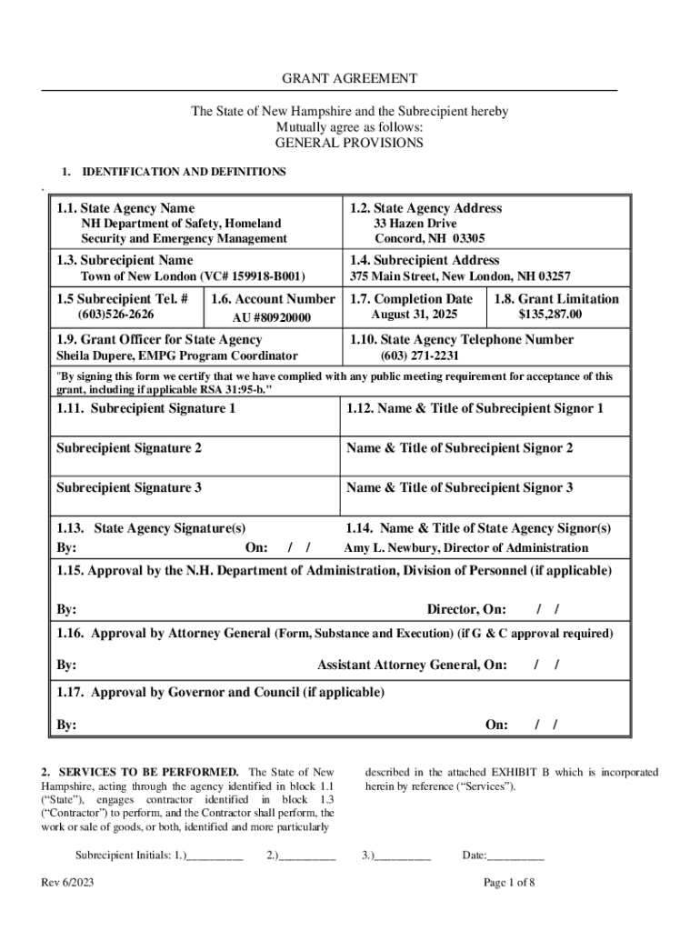 Fillable Online Grant Agreement Between the State of New Hampshire and the Town of New London ...