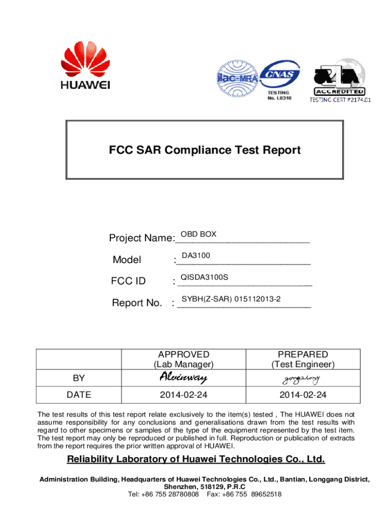 Fillable Online Fcc Sar Compliance Test Report for Obd Box Da3100 Fax ...