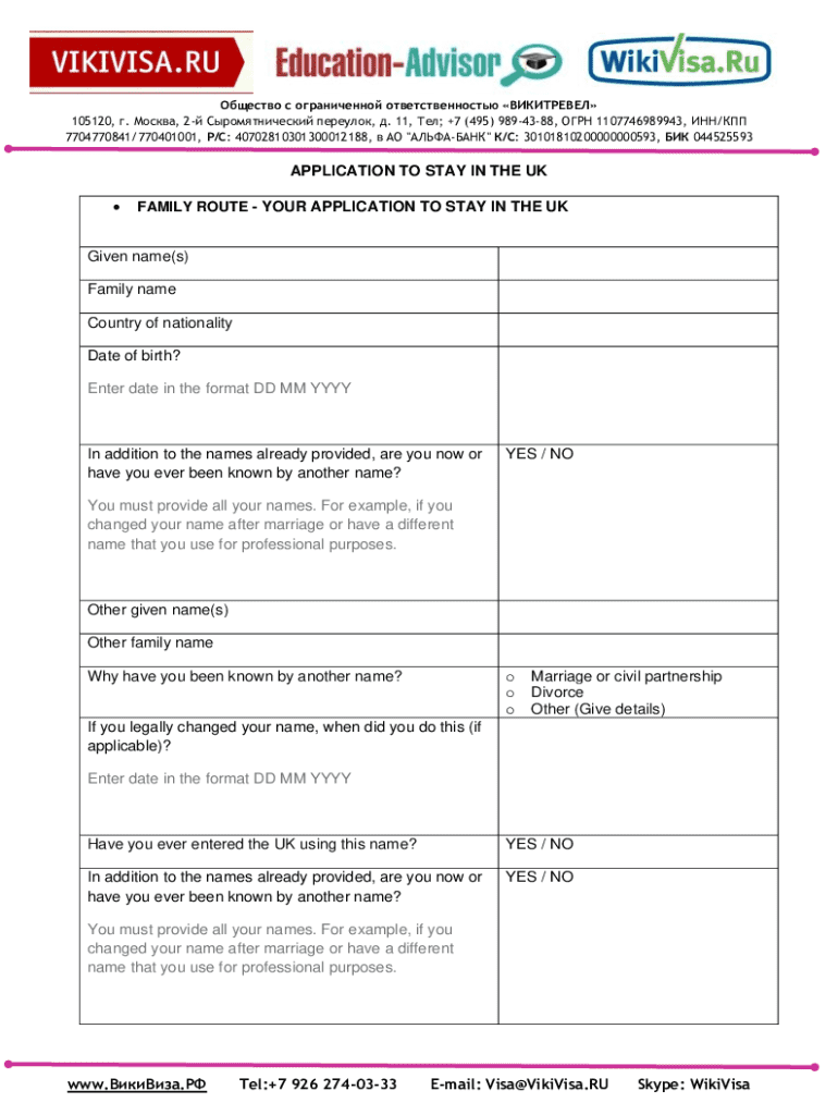 Fillable Online Family Route - Your Application to Stay in the Uk Fax ...