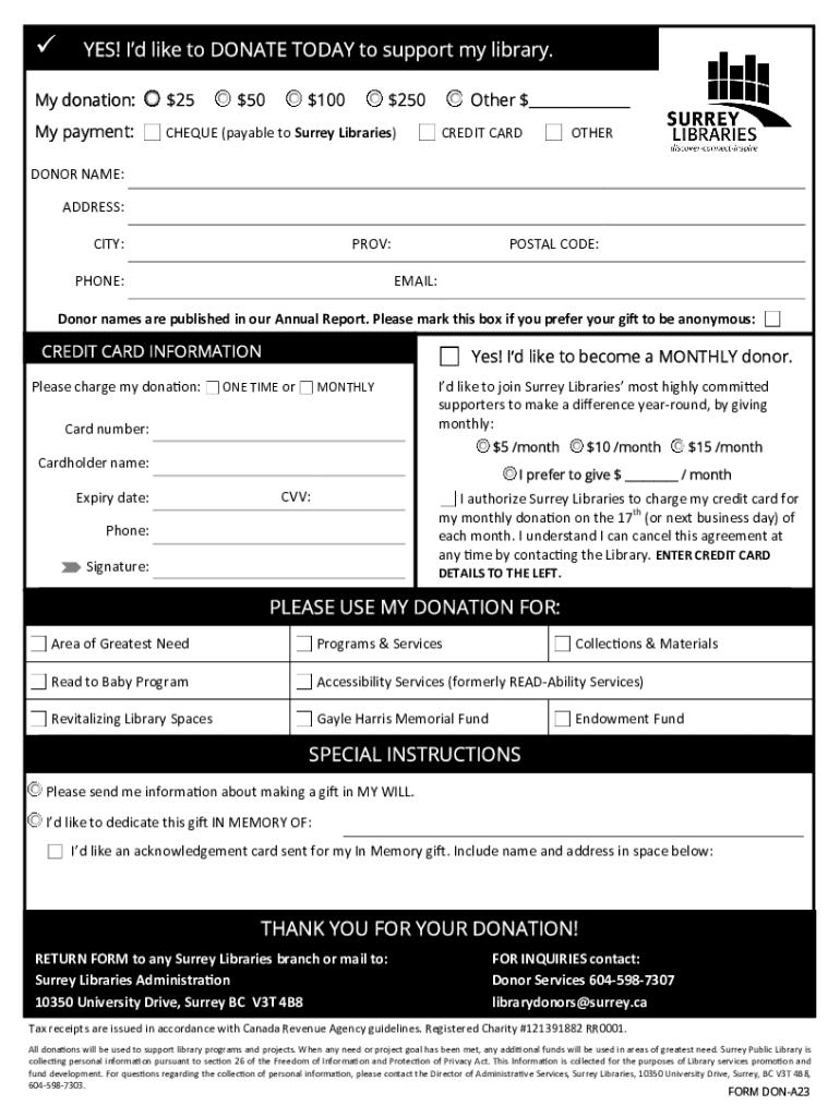 Fillable Online Surrey Libraries Donation Form. Surrey Libraries ...