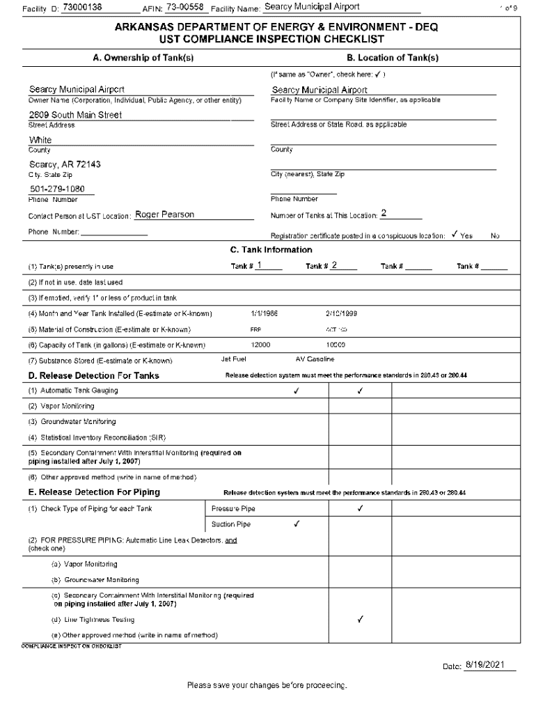 Fillable Online Searcy Municipal Airport Ust Compliance Inspection Fax ...