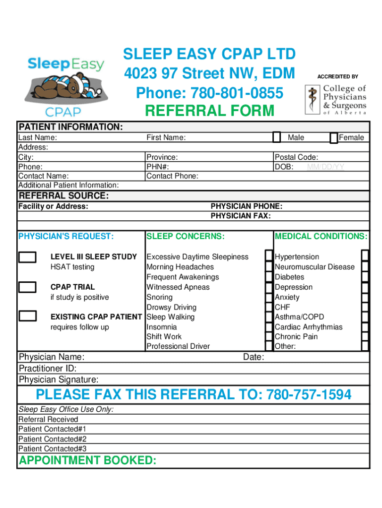 Fillable Online Sleep Easy Cpap Referral Form Fax Email Print - pdfFiller