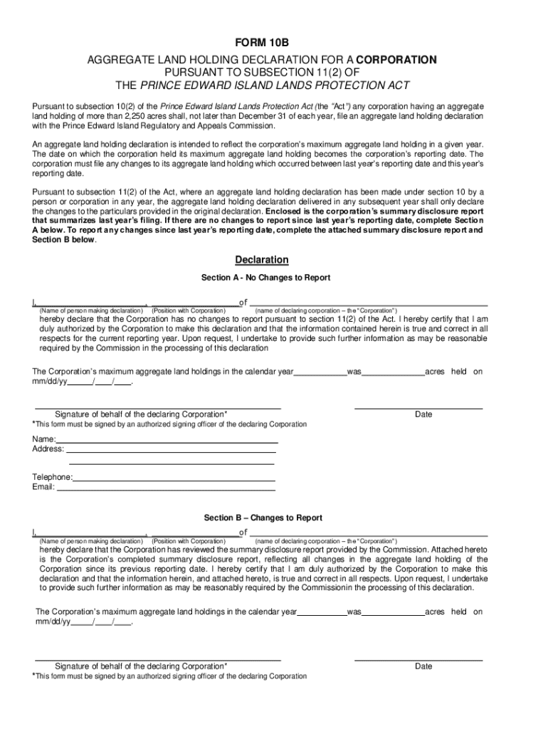 Fillable Online FORM 10B AGGREGATE LAND HOLDING DECLARATION FOR A ...