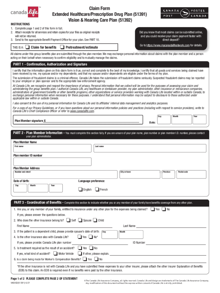 Fillable Online Claim Form - Extended Healthcare/Prescription Drug Plan (51391) Vision & Hearing ...