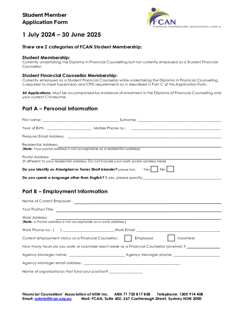 Fillable Online Student Member Application Form 1 July 2024 Fax Email Print - pdfFiller