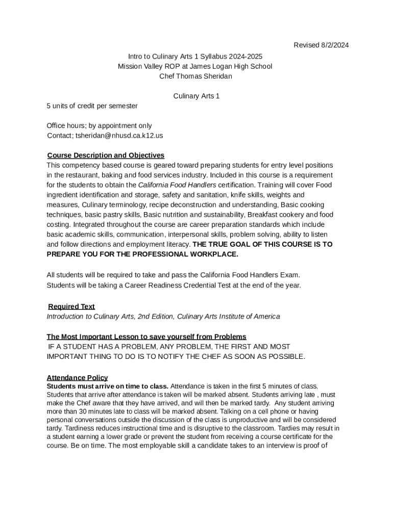 Fillable Online Intro to Culinary Arts 1 Syllabus Fax Email Print ...