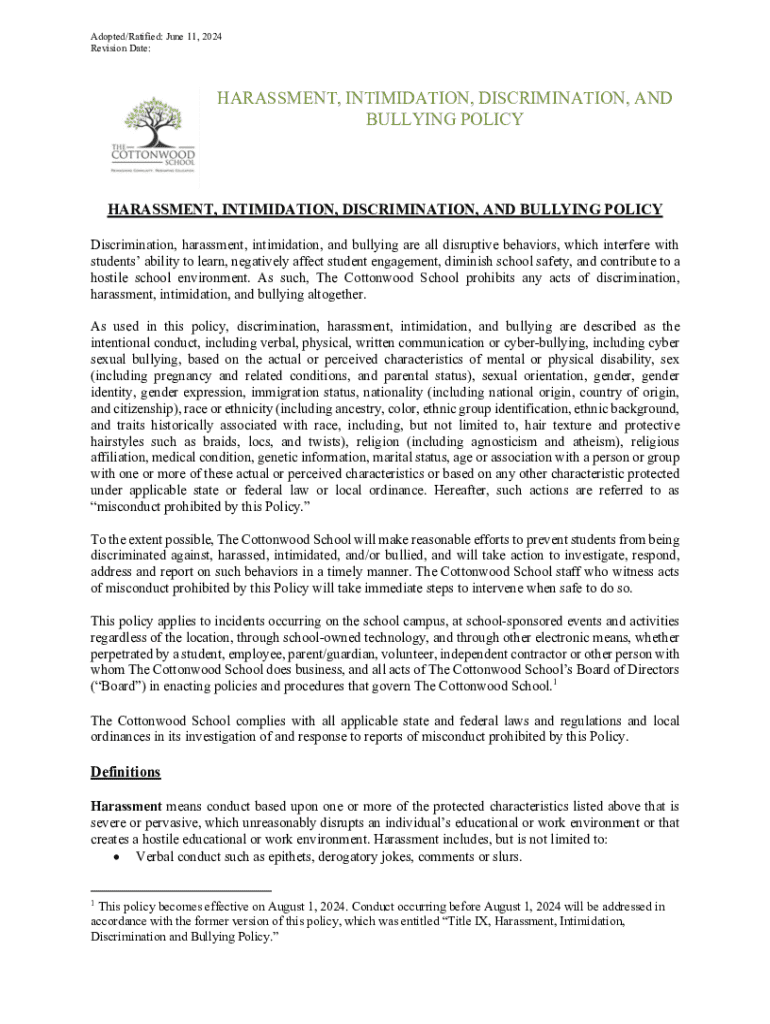 Fillable Online Harassment, Intimidation, Discrimination, and Bullying ...