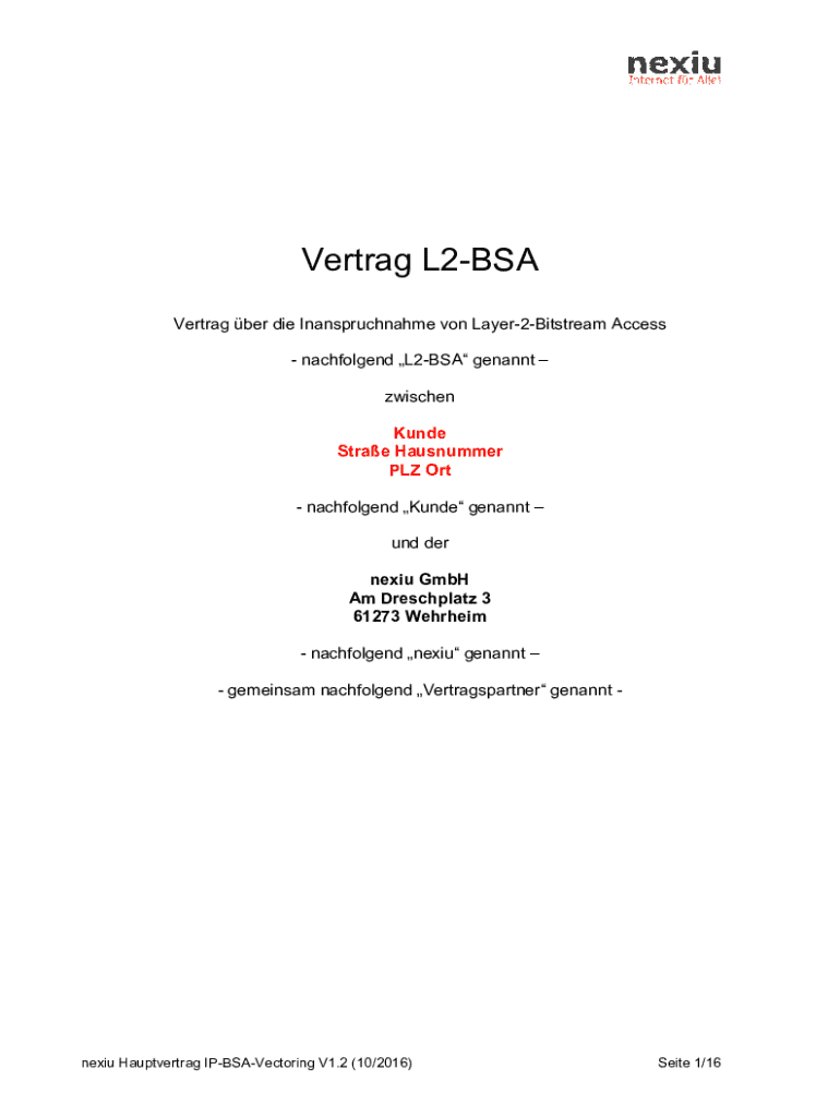 Ausfüllbares Online Vertrag ber Layer-2 Bitstream Access in VDSL2-Vectoring ... Fax Email Druck ...