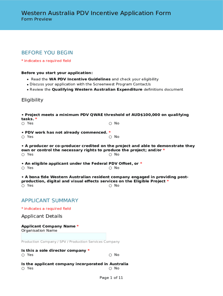 Fillable Online Western Australia PDV Incentive Application Form Fax ...