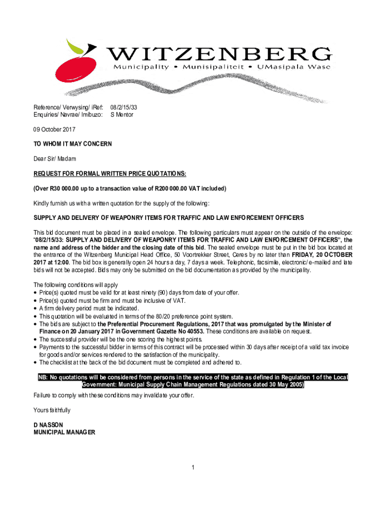 Fillable Online SUPPLY & DELIVERY OF WEAPONRY ITEMS FOR WITZENBERG ...