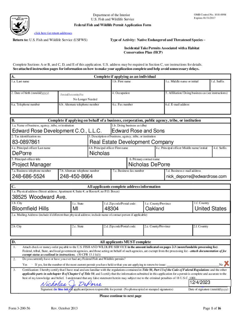 Fillable Online Incidental Take Permits Associated with a Habitat Fax ...