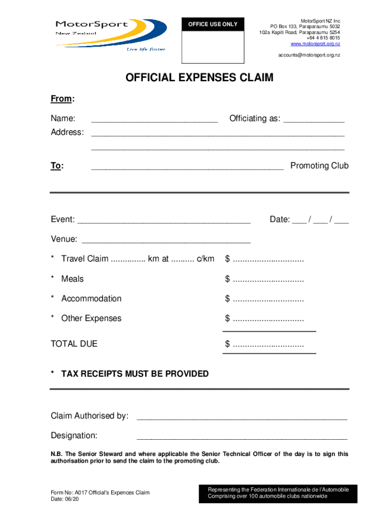 Fillable Online A017 Official\'s Expences Claim Fax Email Print - pdfFiller