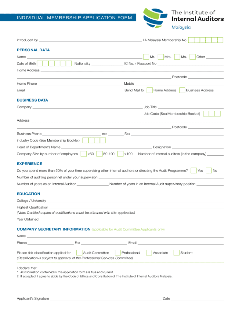 Fillable Online INDIVIDUAL MEMBERSHIP APPLICATION FORM - IIA Malaysia ...
