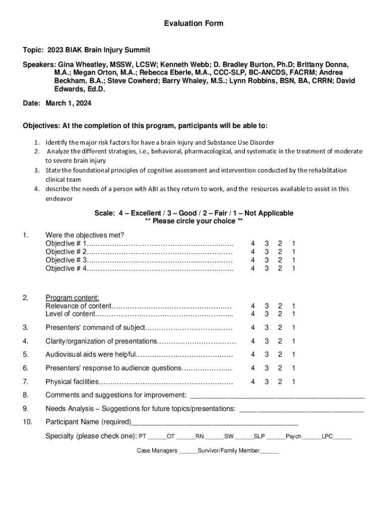 Fillable Online 2023 Biak Brain Injury Summit Evaluation Fax Email Print - pdfFiller