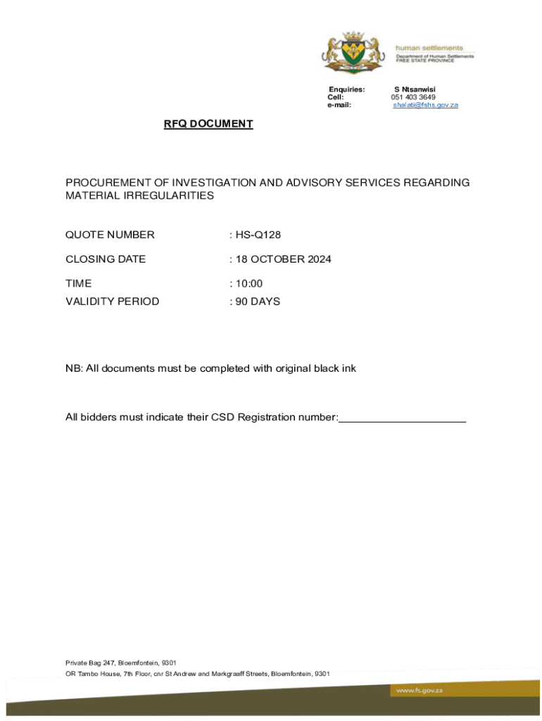 Fillable Online RFQ DOCUMENT PROCUREMENT OF INVESTIGATION AND ... Fax Email Print - pdfFiller