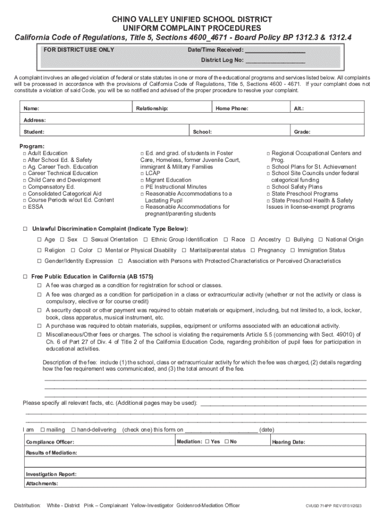 Fillable Online Chino Valley Unified School District - Uniform Complaint Procedures Fax Email ...