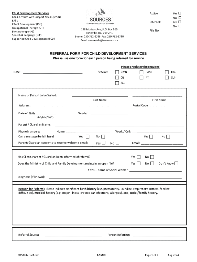 Fillable Online Child Development Services Referral Fax Email Print - pdfFiller