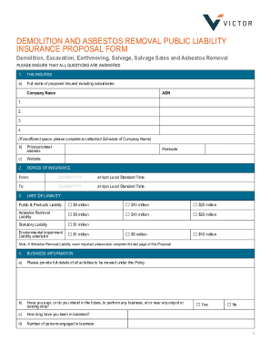 Fillable Online Demolition and Asbestos Removal Public Liability ...