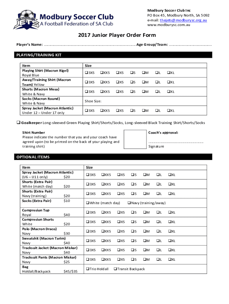 Fillable Online UNDER 17 BOYS TRIALS Modbury Jets Soccer Club ... Fax ...