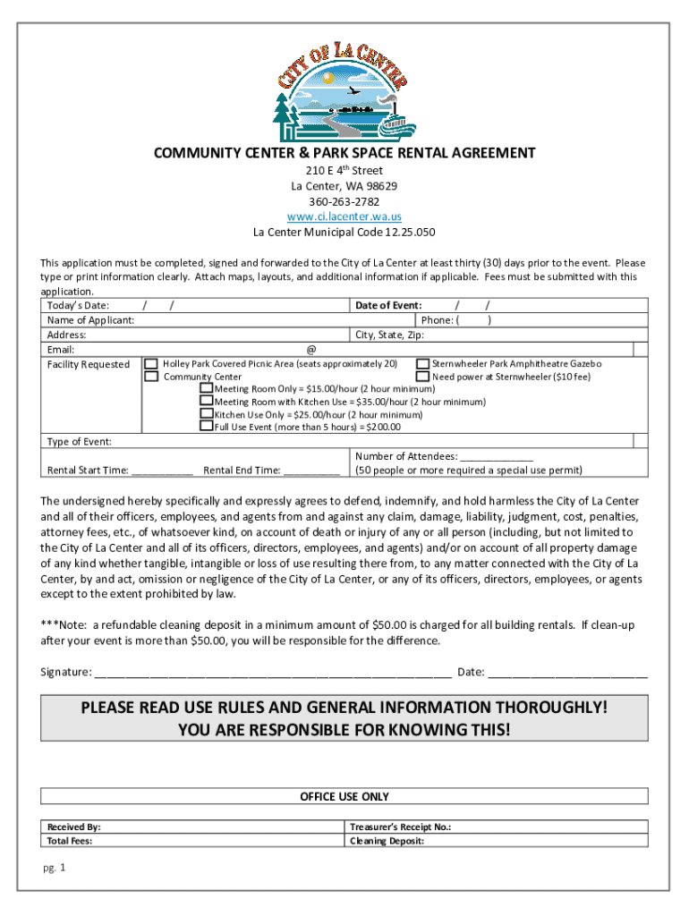 Fillable Online Rental Agreement for La Center Community Center and ...
