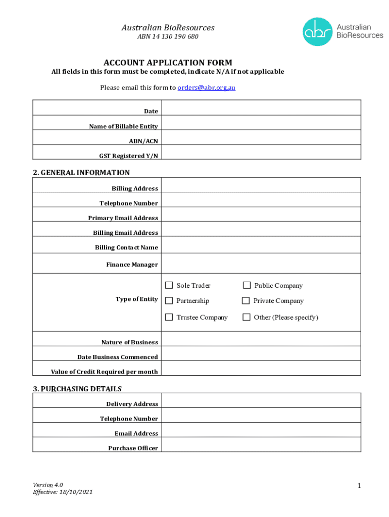 Fillable Online Australian Bioresources Account Application Fax Email ...