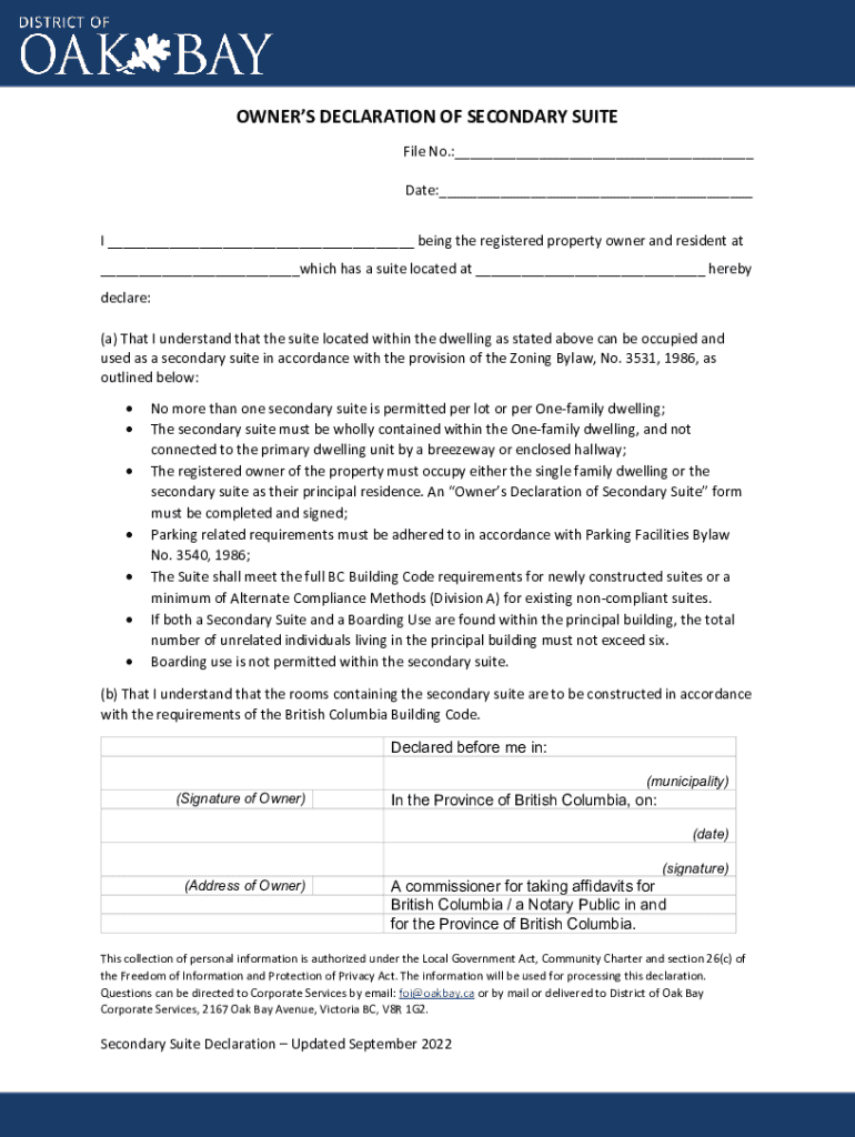 Fillable Online OWNER\'S DECLARATION OF SECONDARY SUITE Fax Email Print ...