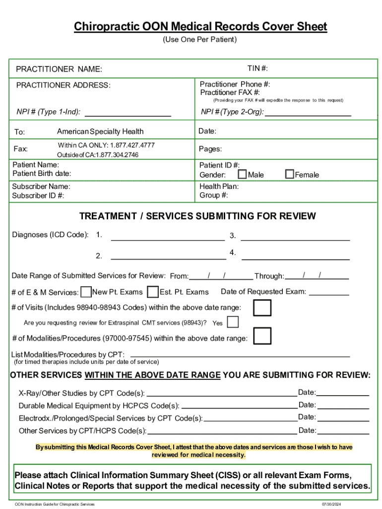 Fillable Online ASH Chiropractic Out-Of-Network Instructions for ...