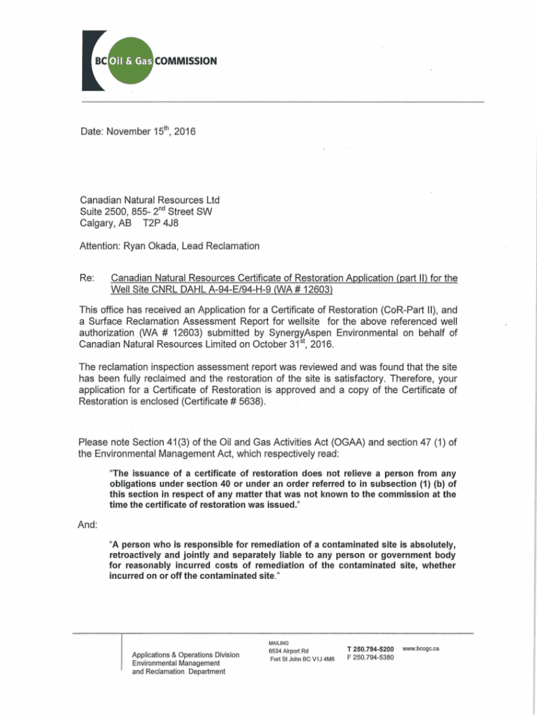 Fillable Online Canadian Natural Resources Certificate of Restoration ...