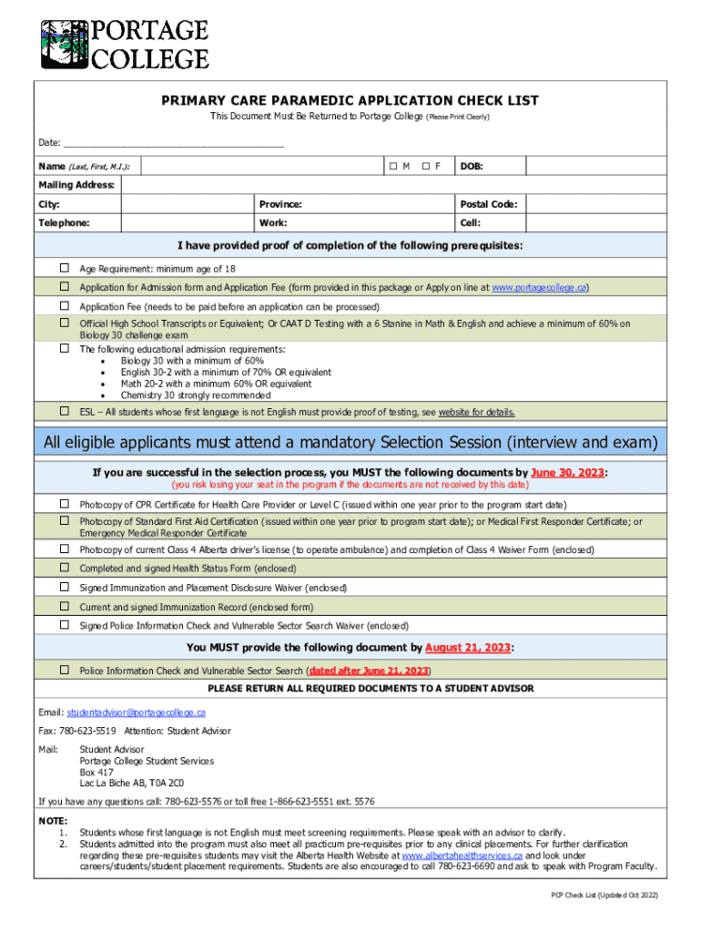 Fillable Online Primary Care Paramedic Application Checklist Fax Email ...