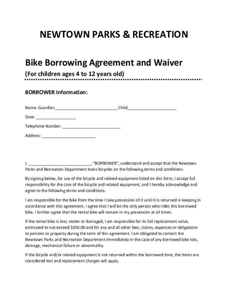 Fillable Online Newtown Parks & Recreation Bike Borrowing Agreement Fax ...
