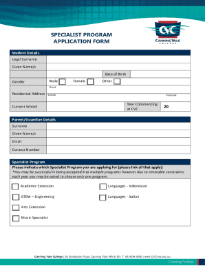 Fillable Online Specialist Program Application Form - Canning Vale ...