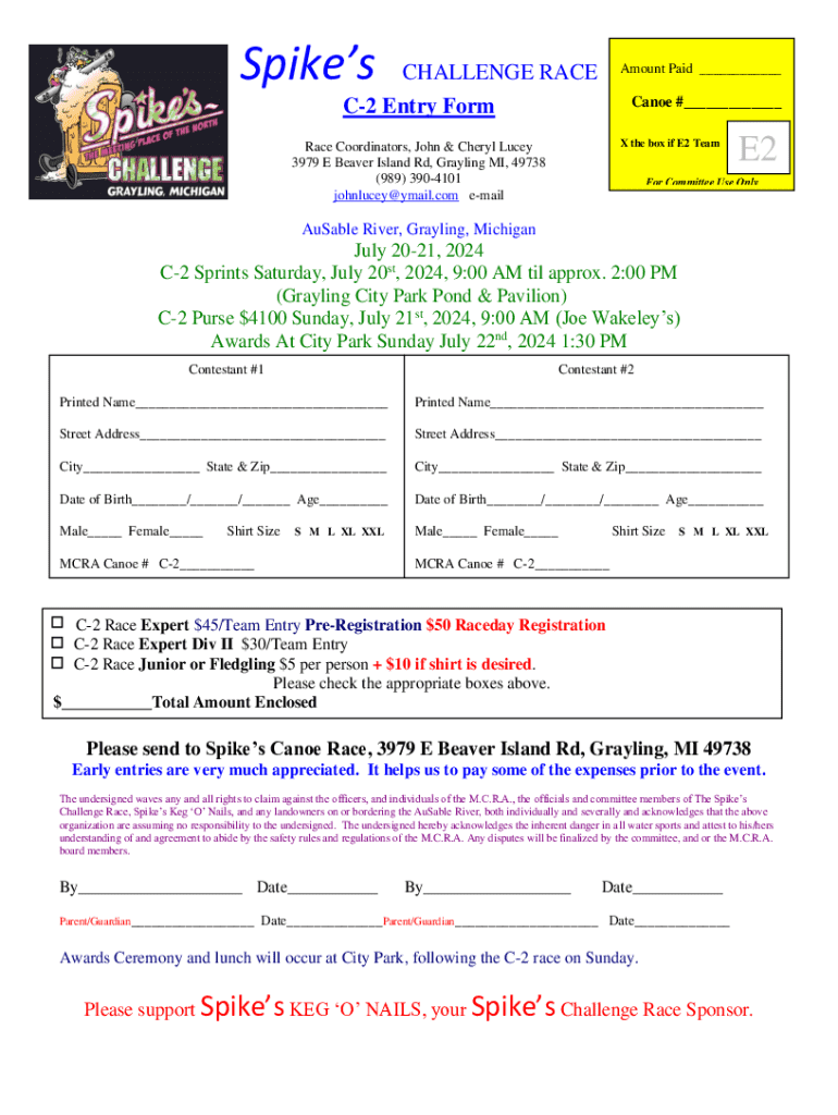 Fillable Online Spike\'s CHALLENGE RACE C-2 Entry Form Fax Email Print - pdfFiller