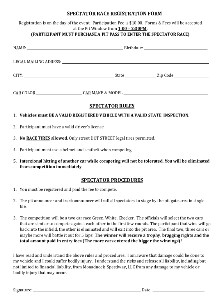 Fillable Online SPECTATOR RACE REGISTRATION FORM SPECTATOR RULES ...
