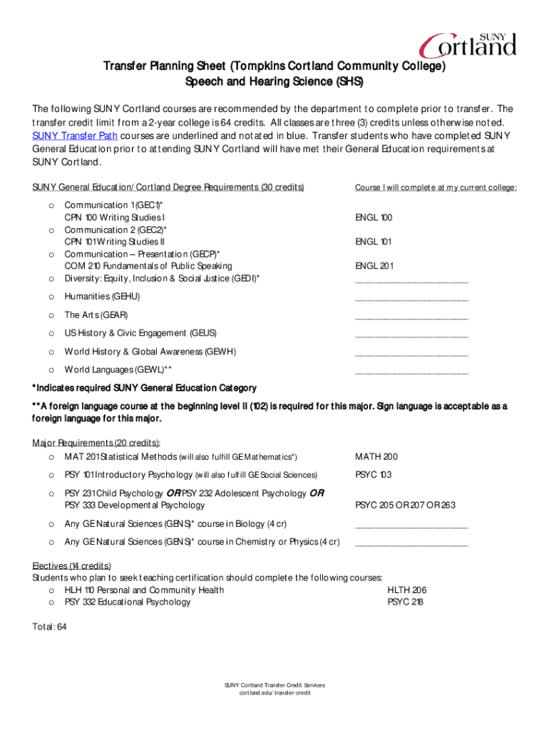 Fillable Online Transfer Planning Sheet Speech and Hearing Science (SHS) Fax Email Print - pdfFiller