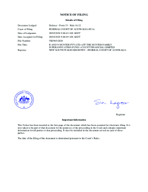 Fillable Online Notice of Filing - Defence in R and N Hunter Pty Ltd V ...