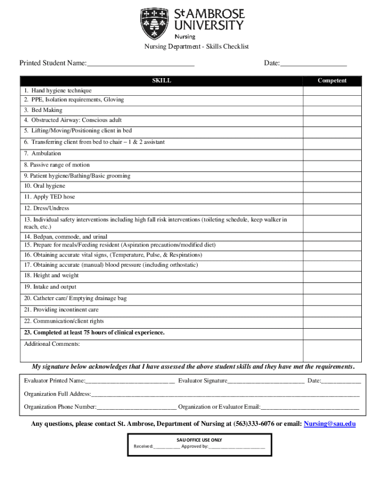Fillable Online Nursing Skills Competency Evaluation Fax Email Print ...