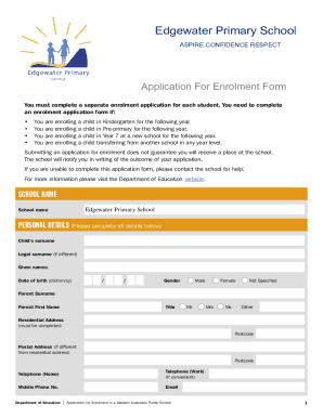 Fillable Online Edgewater Primary School Application for Enrolment Fax ...